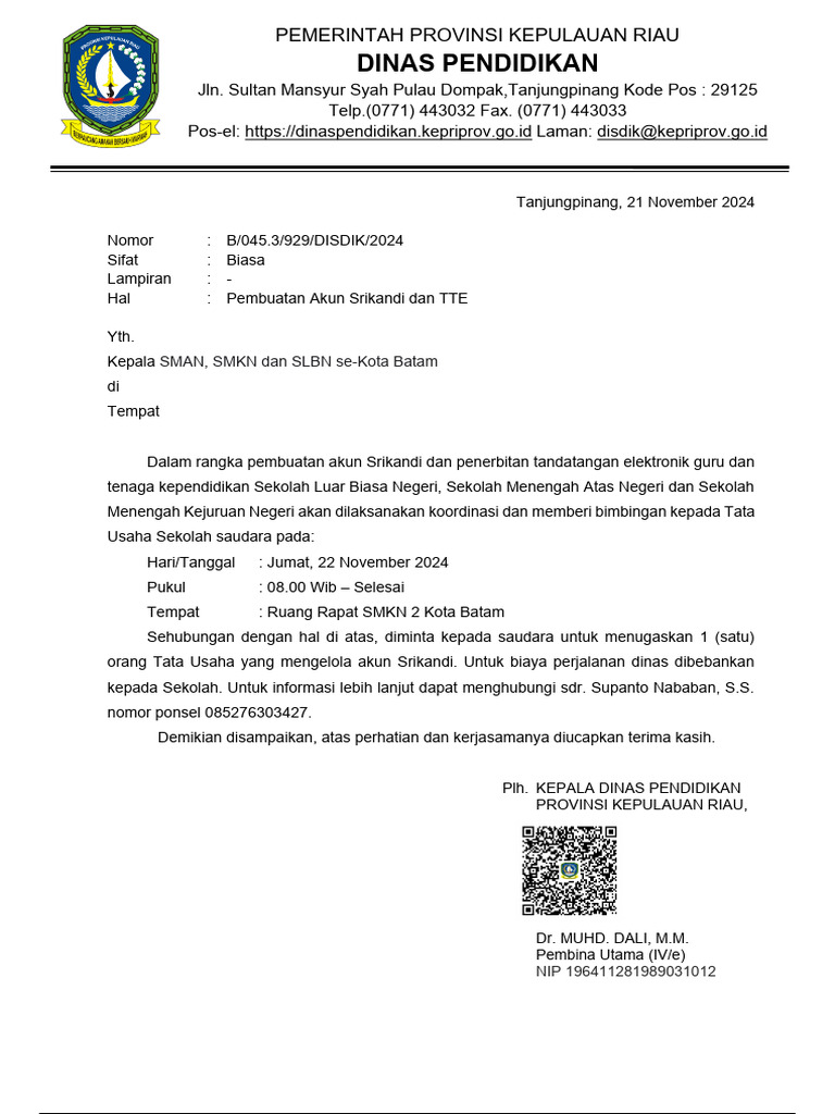 Surat Pembuatan Akun Srikandi Di Kota Batam | PDF
