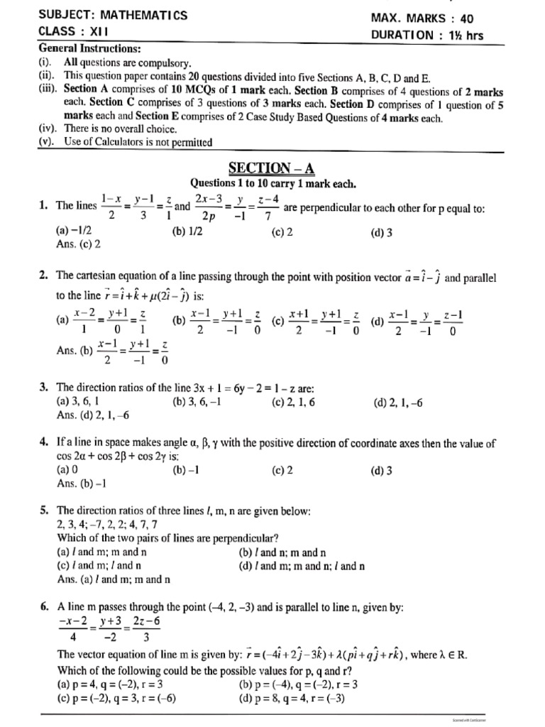 Maths Class Xii Chapter 11 Three Dimensional Geometry Practice Paper 14 2024 Answers | PDF