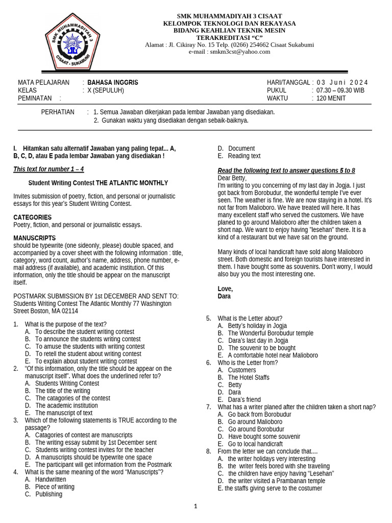 Soal PAT B. ING Kelas X-Khairul Mustafa, S.Pd. | PDF