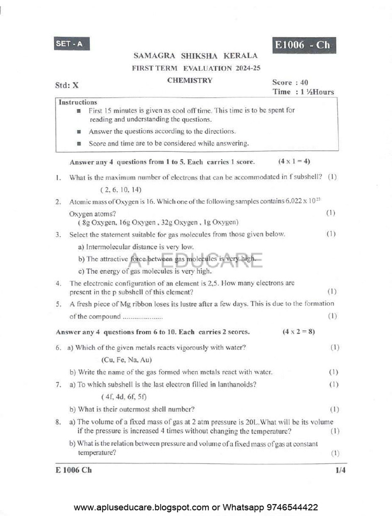 A+ Blog-Sslc-Chemistry-First Term Exam-Question Paper (Em) | PDF