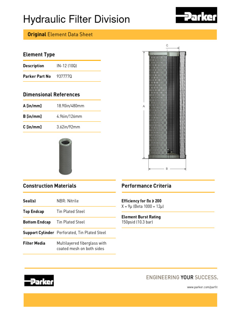 Parker IN-12 Hydraulic Filter Specs | PDF