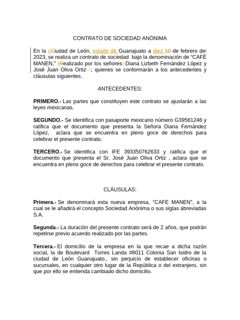 Contrato de Sociedad Anónima | PDF | Compartir (Finanzas) | Sociedad de responsabilidad limitada