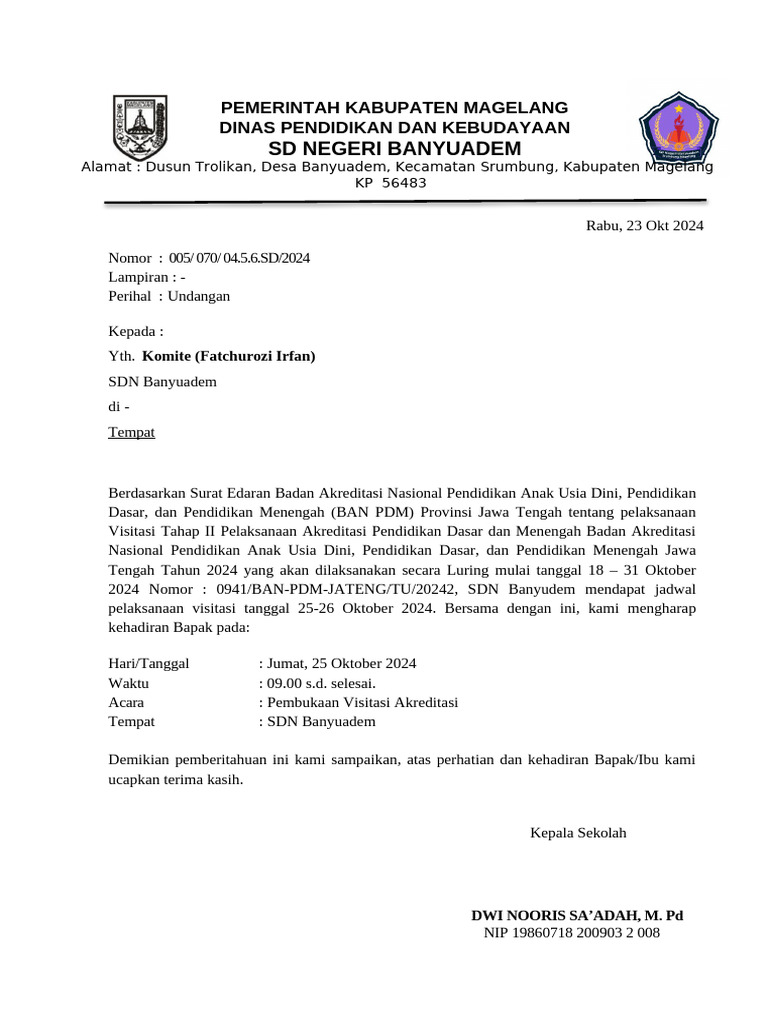 Surat Undangan Pelaksanaan Visitasi Akreditasi | PDF