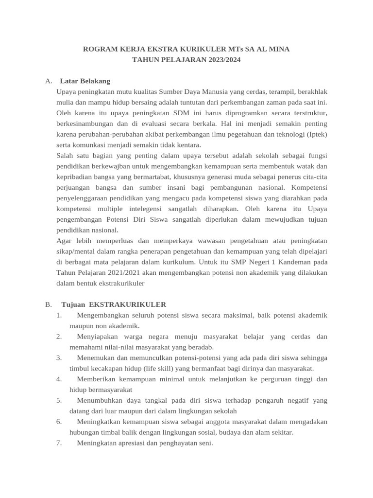 Rogram Kerja Ekstra Kurikuler SMP Negeri 1 Kandeman | PDF