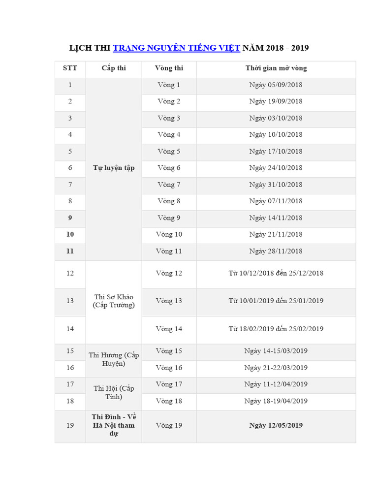 Lich Thi Trang Nguyen Tieng Viet 2018 2019 | PDF