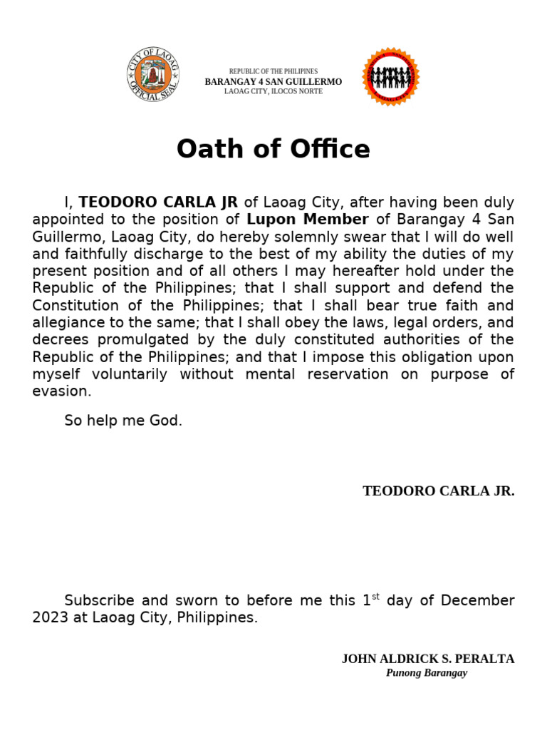 Oath of Office for Barangay Lupon Member | PDF