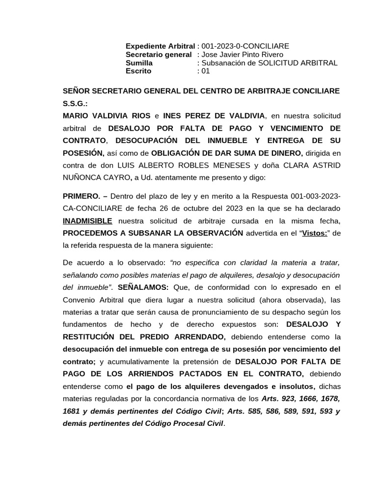 Subsanación Solicitud Arbitral 001-2023 | PDF | Justicia | Crimen y ...