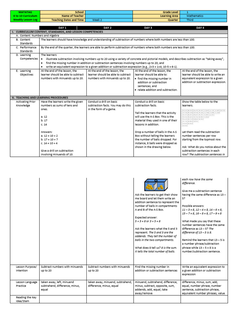 LE_Math 1_Q3_Week 2_v.2 | PDF | Subtraction | Learning