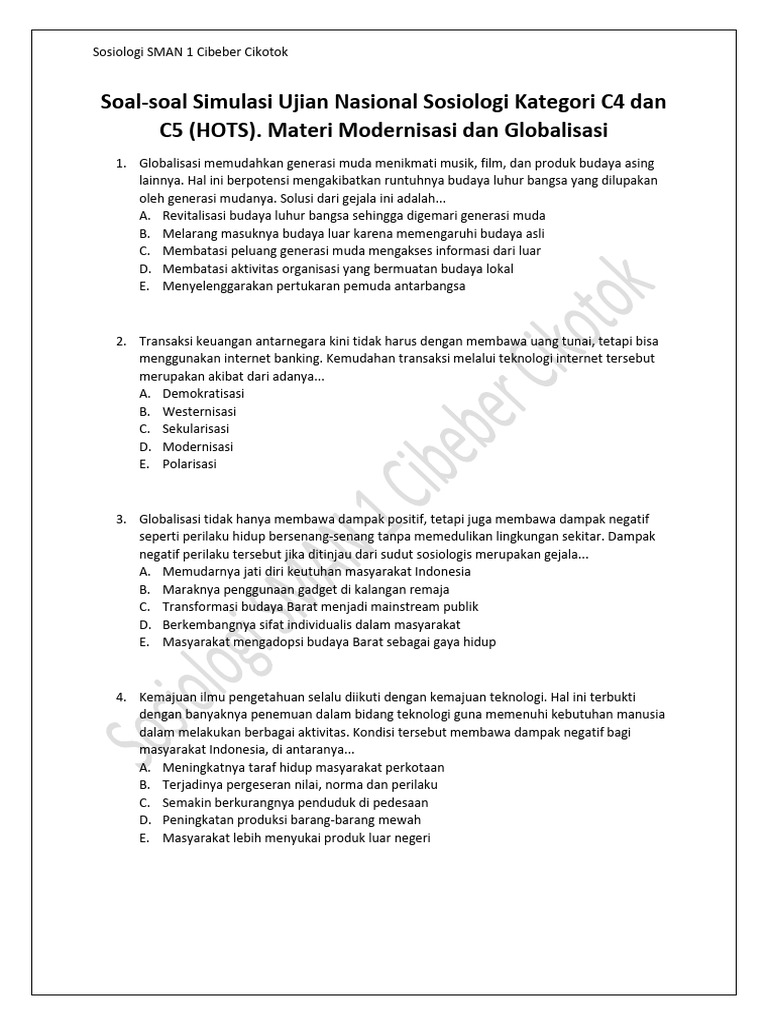Soal-Soal Simulasi Ujian Nasional Sosiologi Kategori C4 Dan C5 (HOTS) - Materi Modernisasi Dan ...