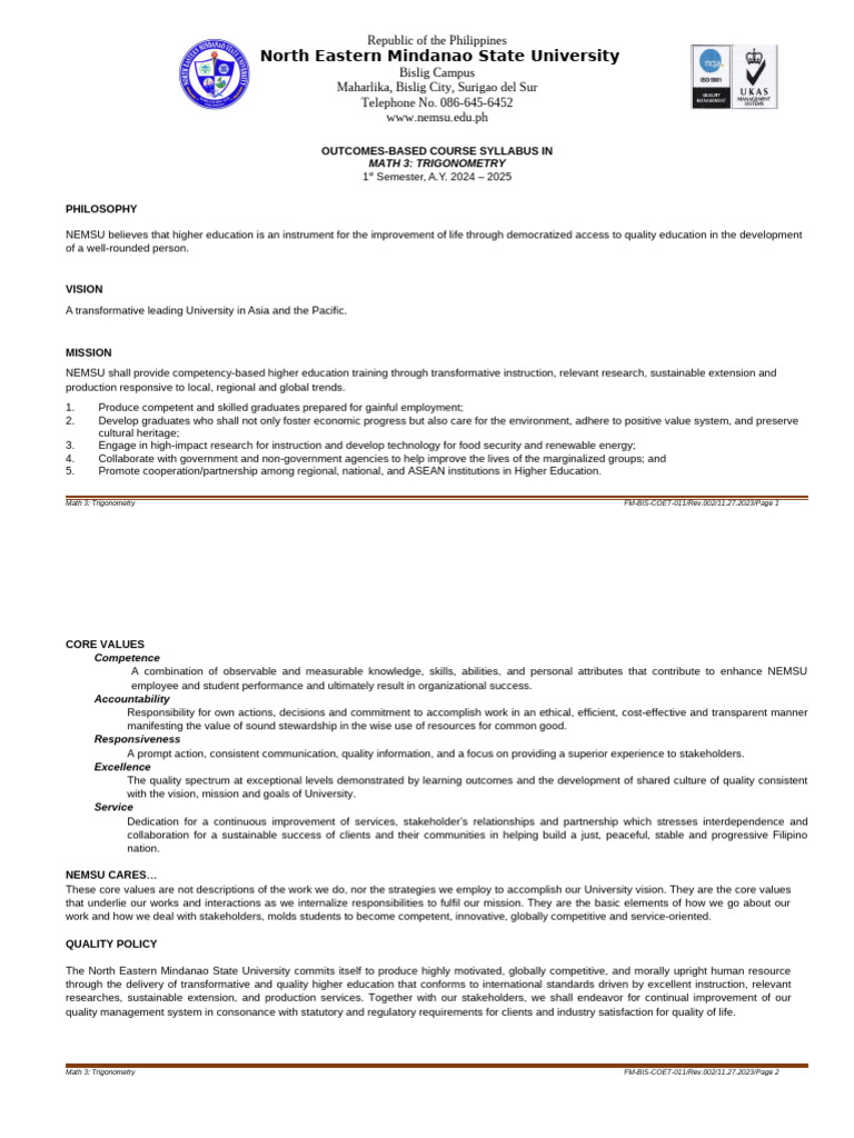 Math 3 Trigonometry Syllabus | PDF | Trigonometric Functions | Trigonometry