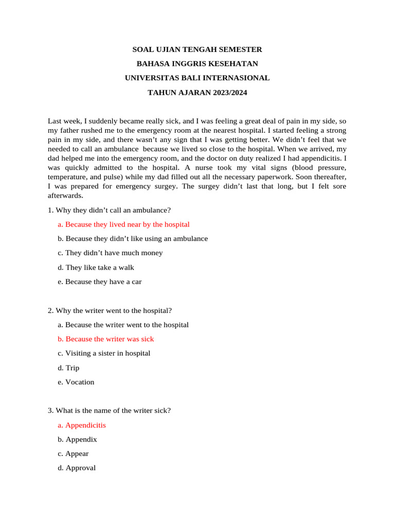 SOAL UJIAN TENGAH SEMESTER Bahasa Inggris Kesehatan | PDF | Patient | Nursing