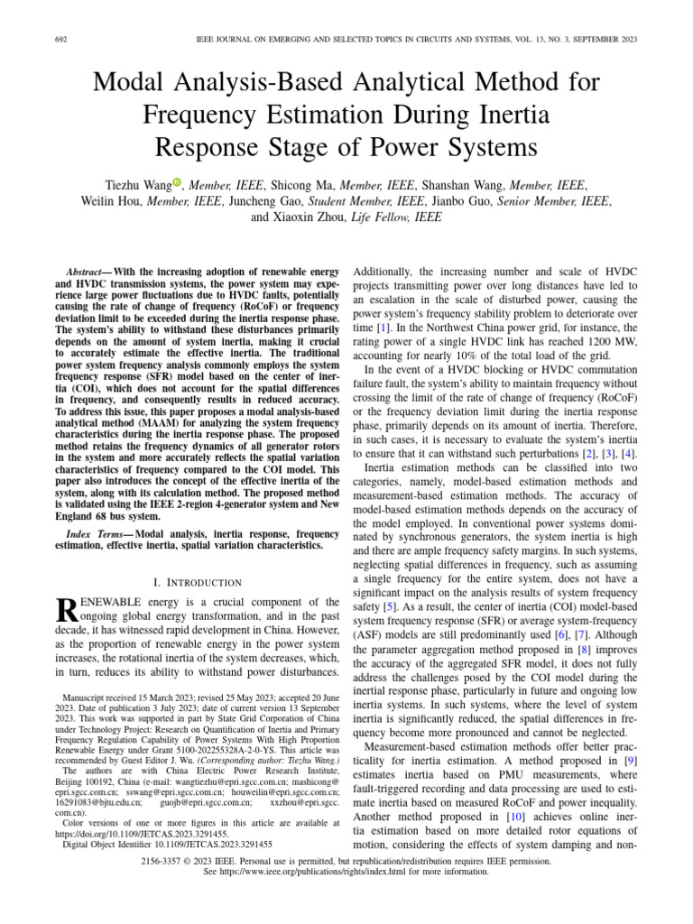 Modal Analysis Based Analytical Method For Frequency Estimation During Inertia Response Stage Of
