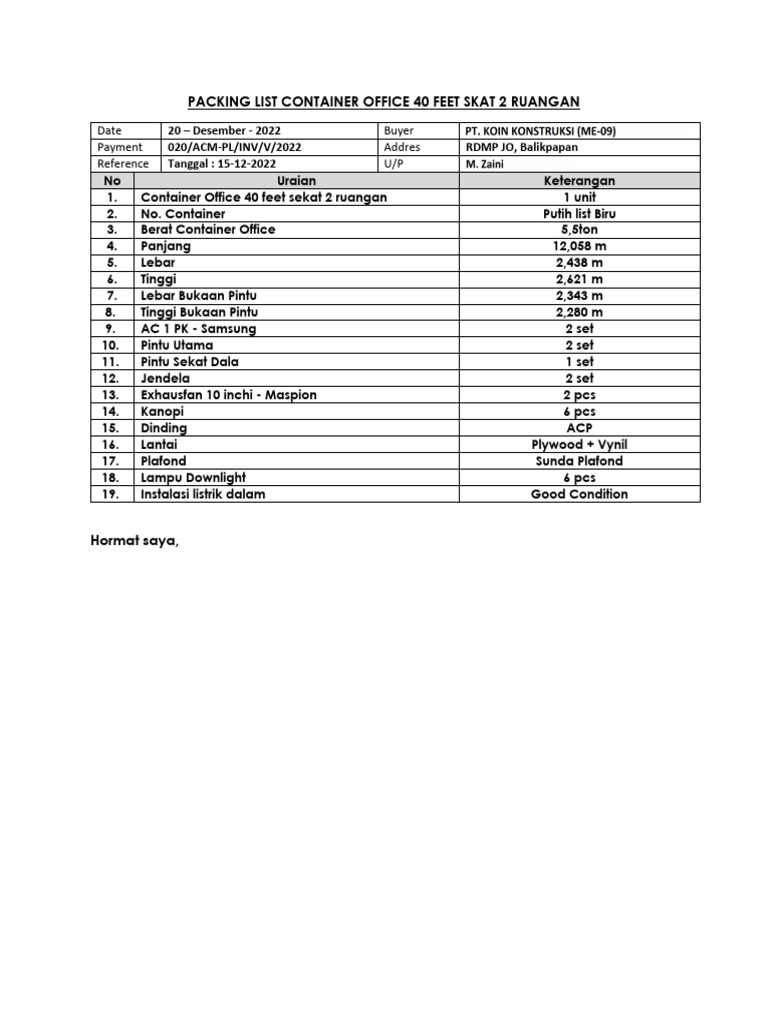 Packing List for 40ft Office Container | PDF