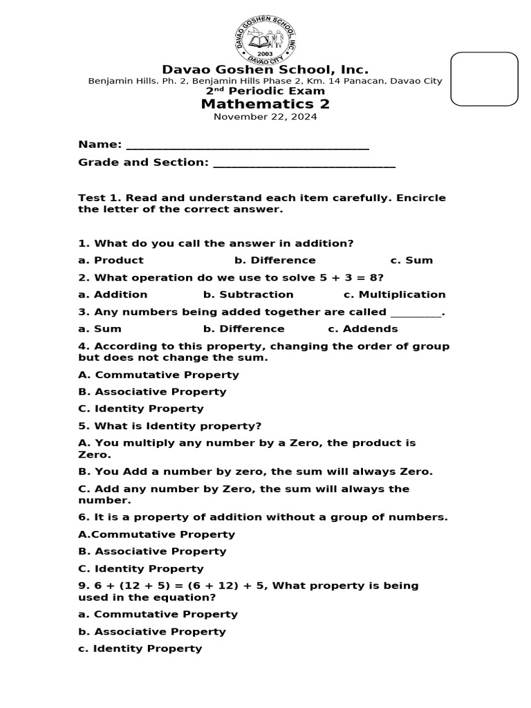Grade 2 - 2nd Periodic Exam | PDF