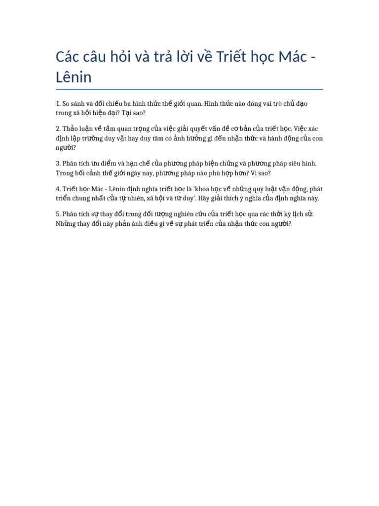 Cac Cau Hoi Triet Hoc Mac Lenin | PDF