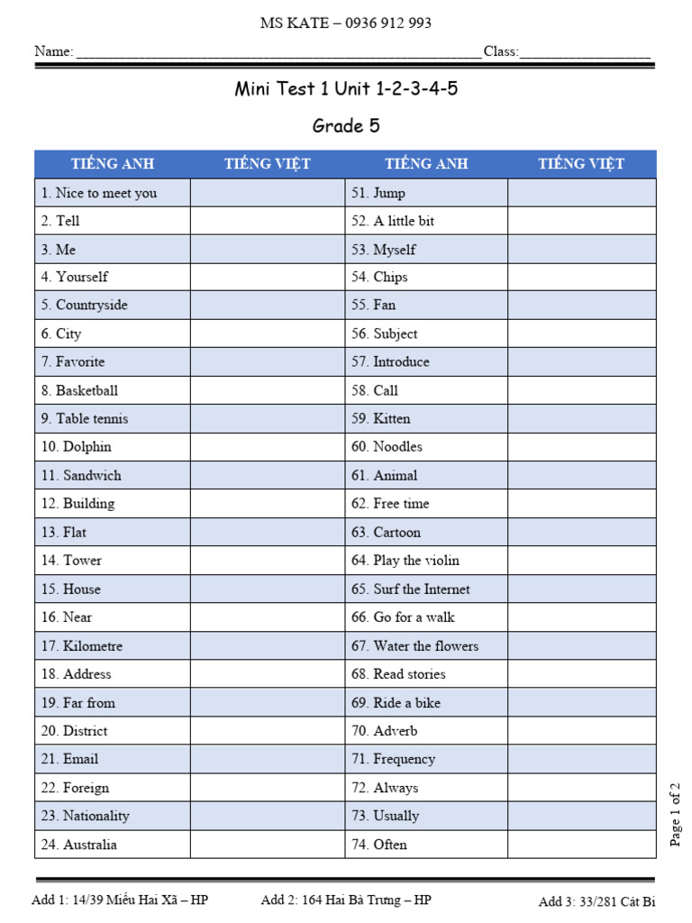 Grade 5 Mini Test Units 1-5 | PDF