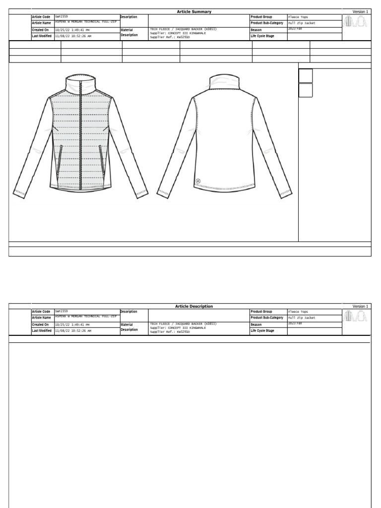 Techpack_ASPENXWMORGANTECHNICALFULLZIP(SWF2359 - V1) | PDF | Seam (Sewing) | Fashion