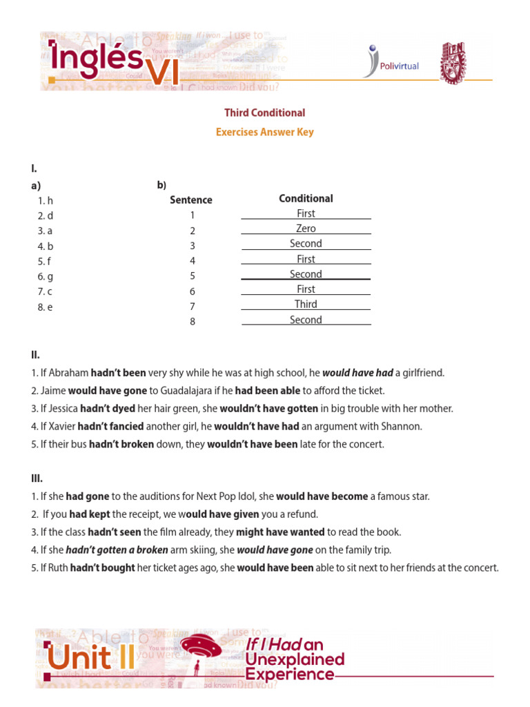 Third Conditional Exercises Answer Key | PDF