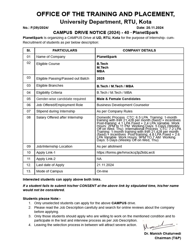 CAMPUS DRIVE NOTICE (2024) - 40 - PlanetSpark | PDF | Employee ...