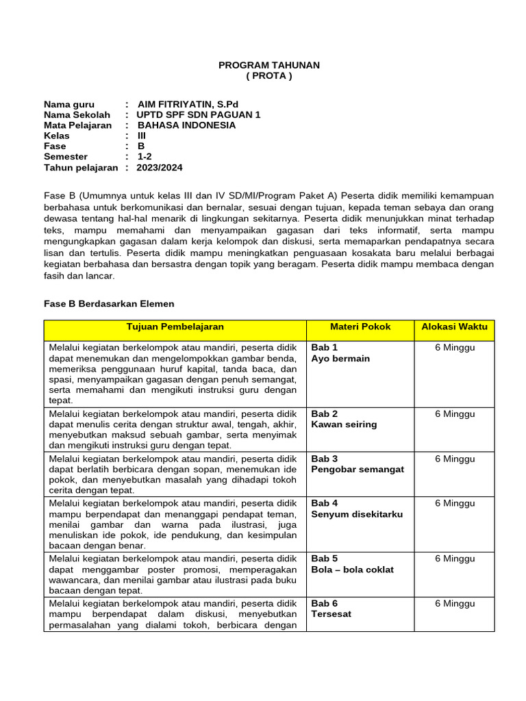 Program Tahunan Bahasa Indonesia | PDF
