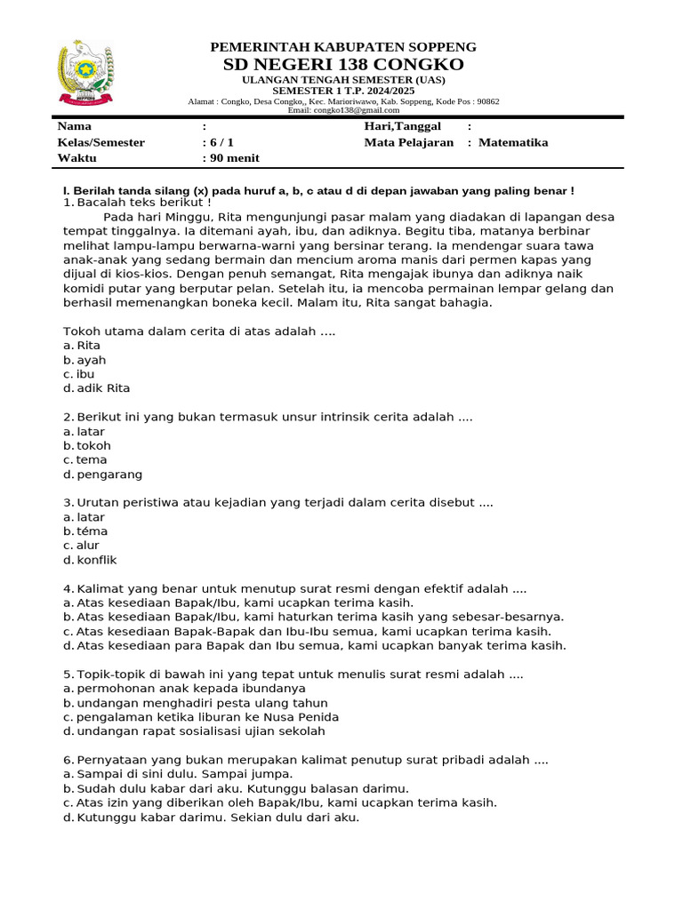 Soal PTS - STS Bahasa Indonesia Kelas 6 Semester 1 Kurikulum Merdeka | PDF