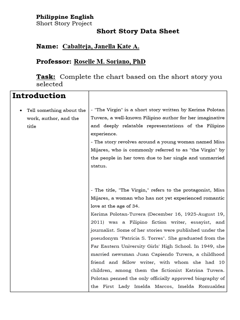 2Short Story Data Sheet Janella | PDF | Narration