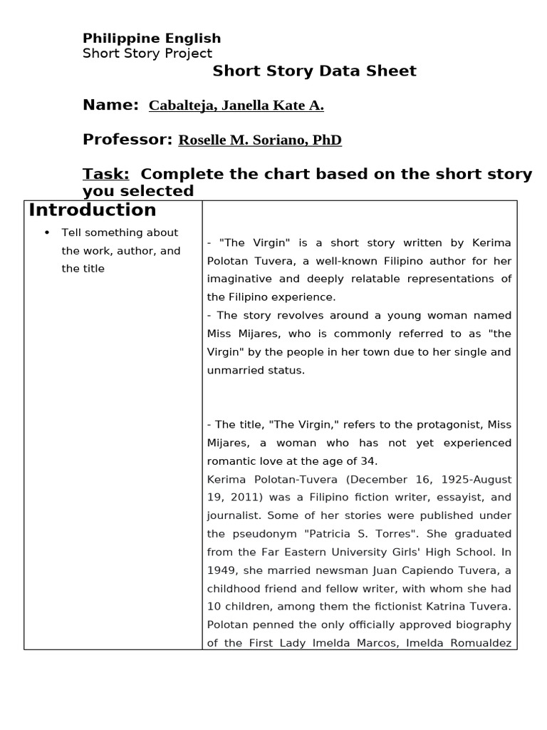 2Short Story Data Sheet Janella | PDF | Narration