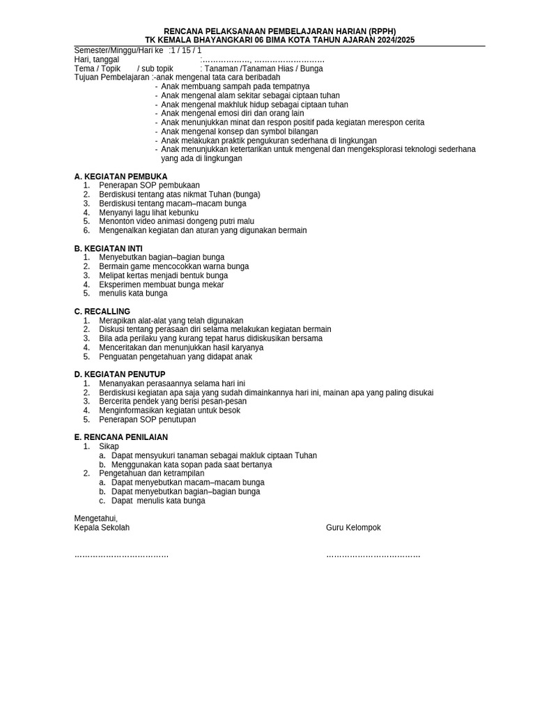 RPPH TK-B SMT1 Minggu - 15 - Tanaman Hias, Tanaman Perdu | PDF
