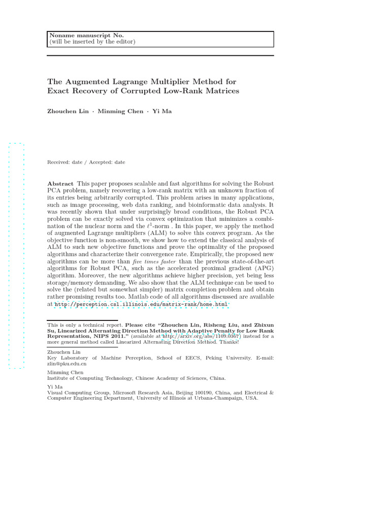 The Augmented Lagrange Multiplier Method for Exact Recovery of Corrupted Low-Rank Matrices | PDF ...