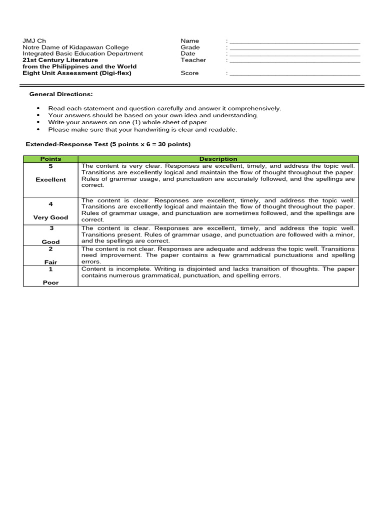 8th Unit Assessment Digi 21ST CLPW | PDF | Grammar | Theory