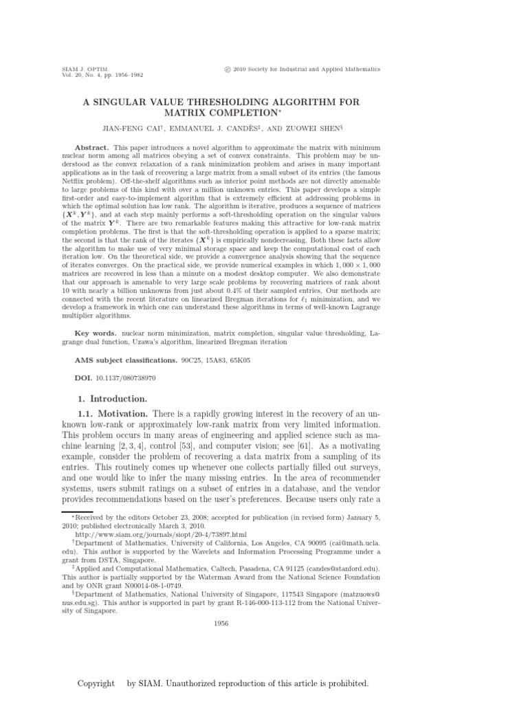 A Singular Value Thresholding Algorithm For Matrix Completion | PDF | Matrix (Mathematics ...