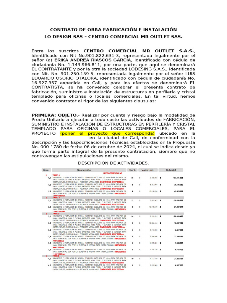 Contrato de Obra Fabricación e Instalación MR Outlet Sas | PDF | Póliza de seguros | Daños y ...