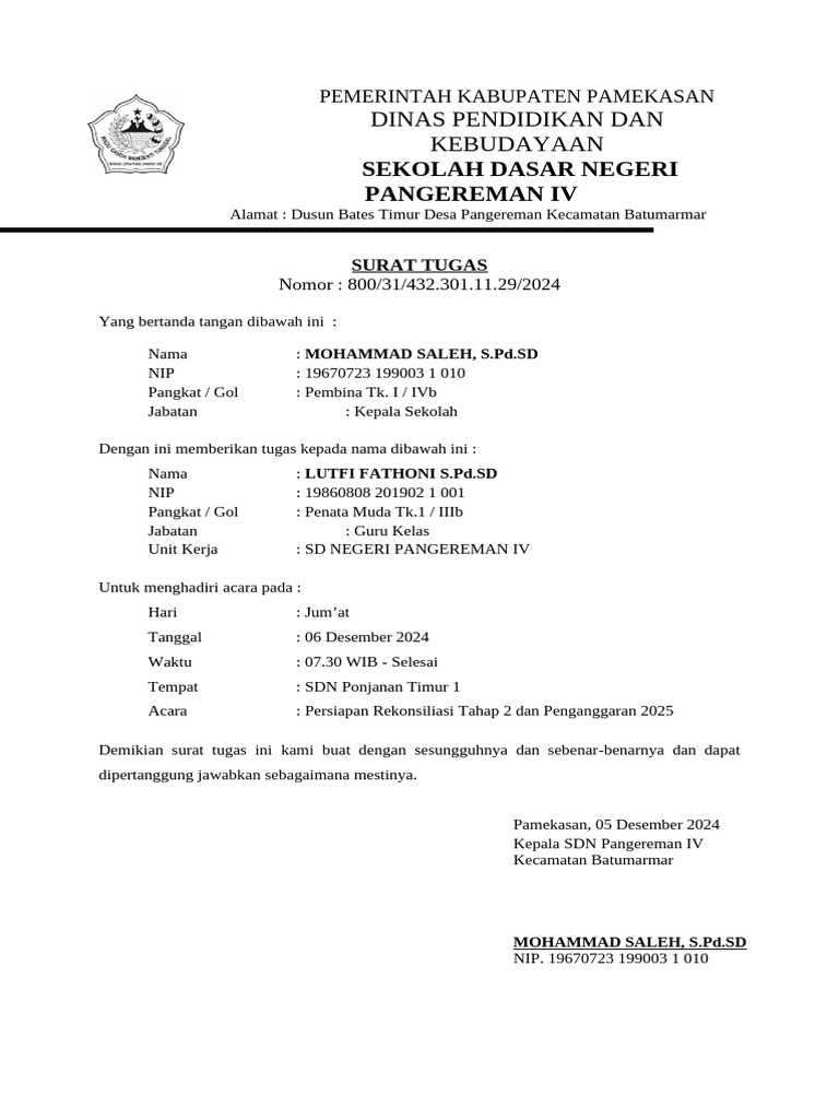 Surat Tugas Yadi - 05 Desember - Docx Pak Saleh | PDF