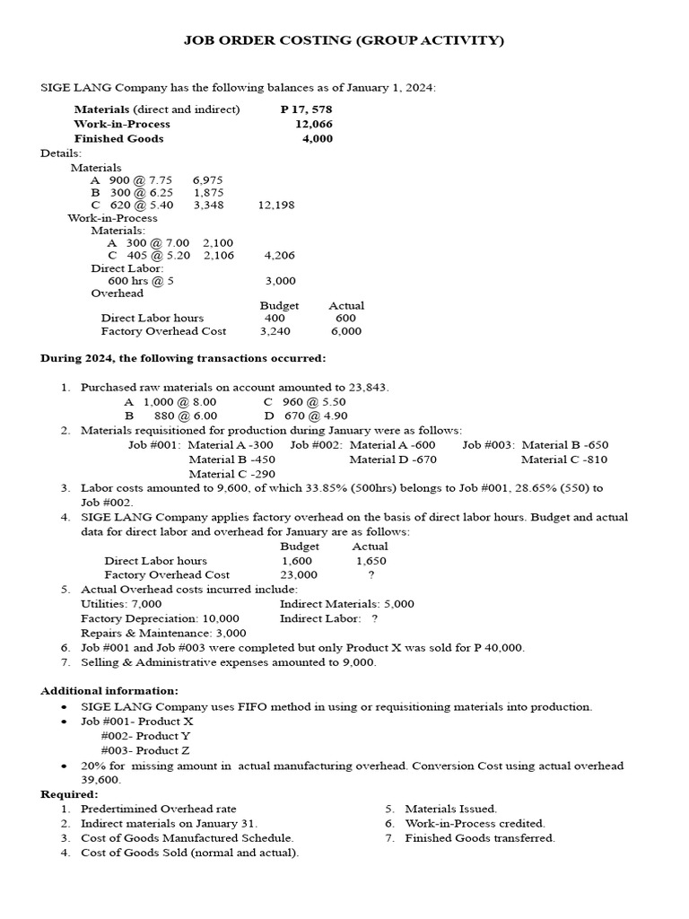 Job Order Costing Group Activity | PDF | Cost Of Goods Sold | Financial ...
