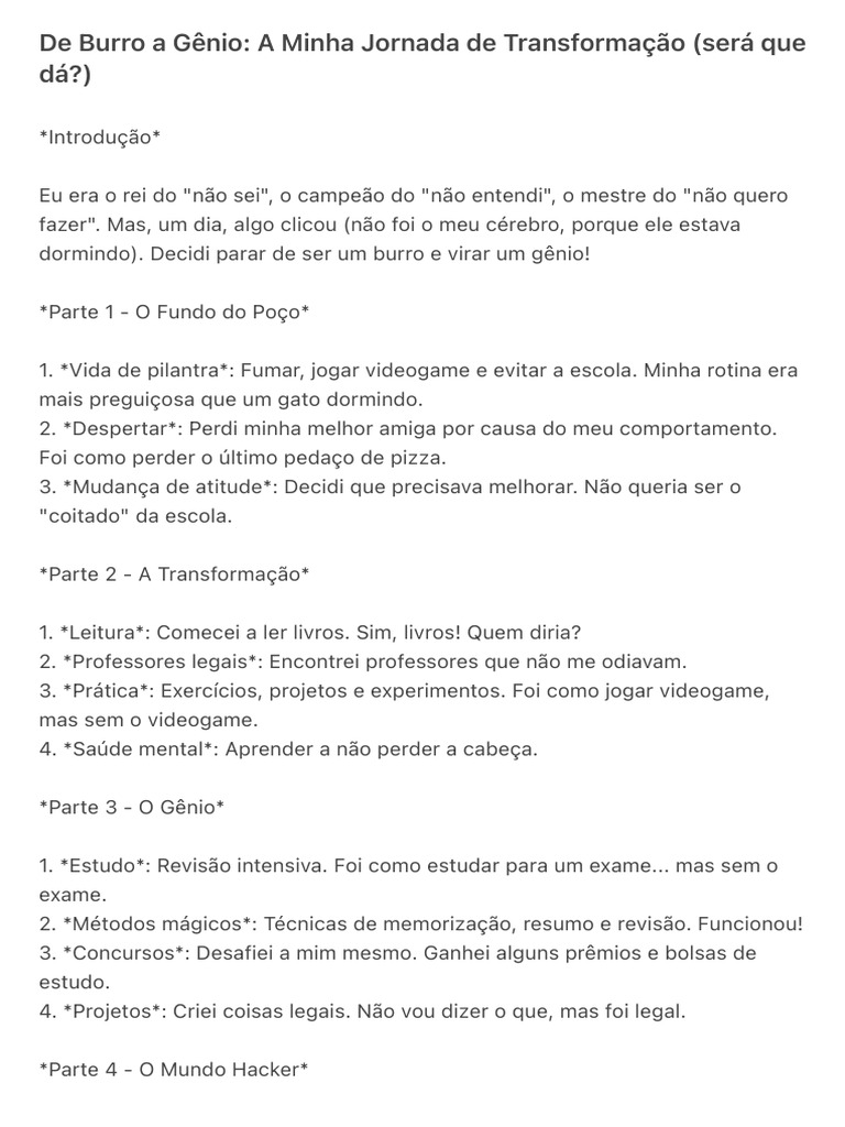 De Burro A Gênio: A Minha Jornada de Transformação (Será Que Dá | PDF