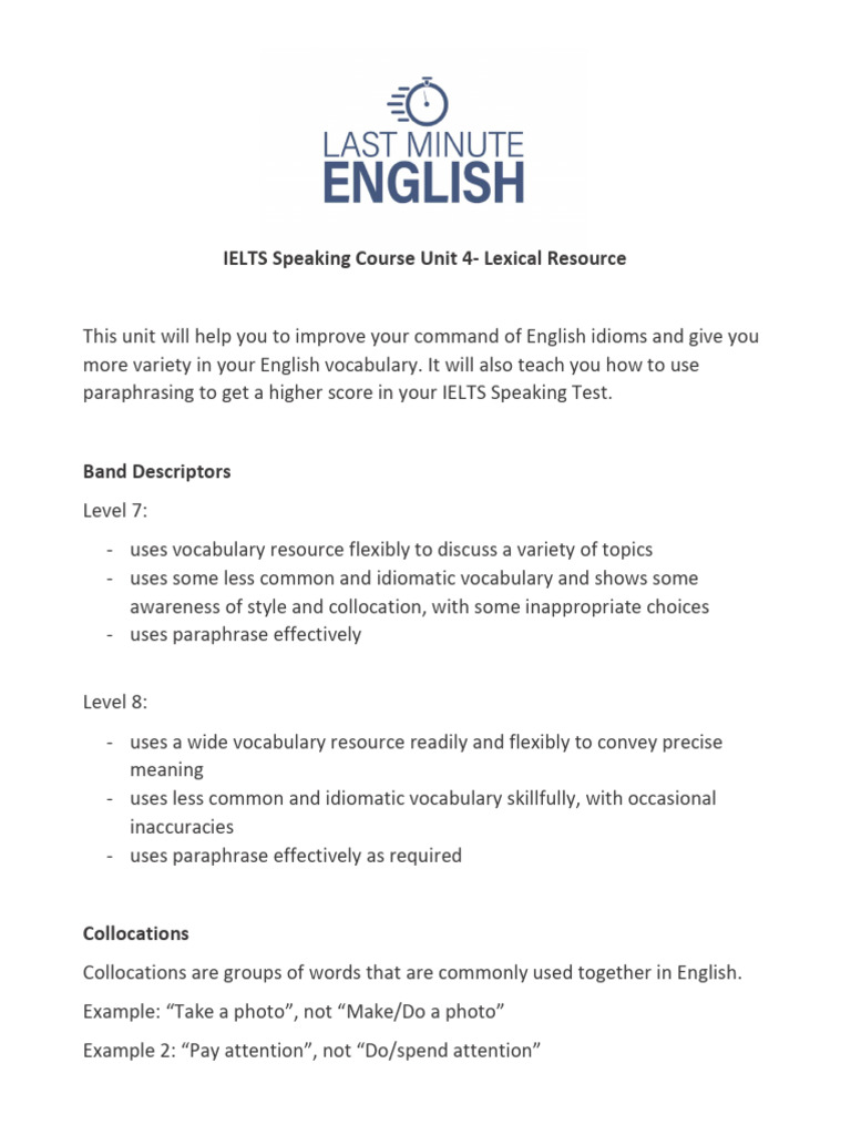 Last+Minute+English+IELTS+Speaking+Unit+4 +Lexical+Resource | PDF ...