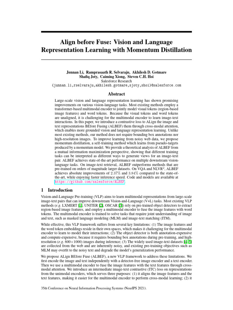 Align Before Fuse Vision and Language Representation Learning With Momentum distillation-NeurIPS ...