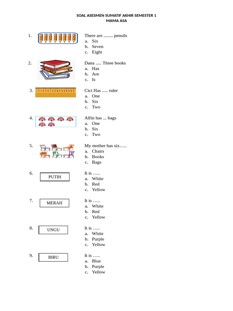 Soal Pas Kelas 1 Semester 1 Mama Asa | PDF
