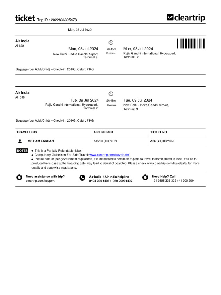 Cleartrip Flight Domestic E-Ticket - Genearal | PDF | Aviation