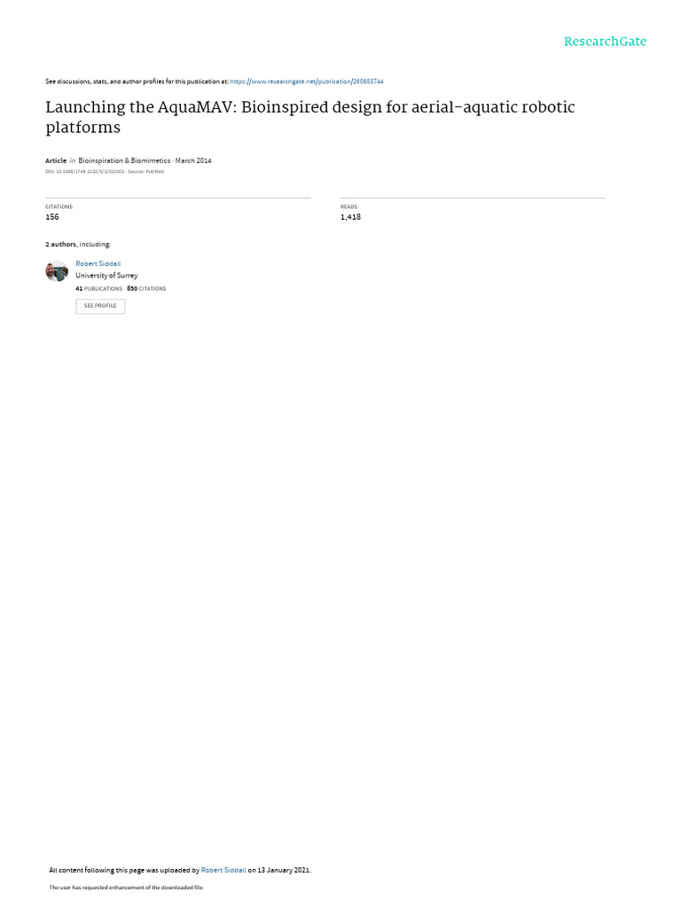 Launching The AquaMAV Bioinspired Design For Aerial Aquatic Robotic Platforms | PDF | Flight ...