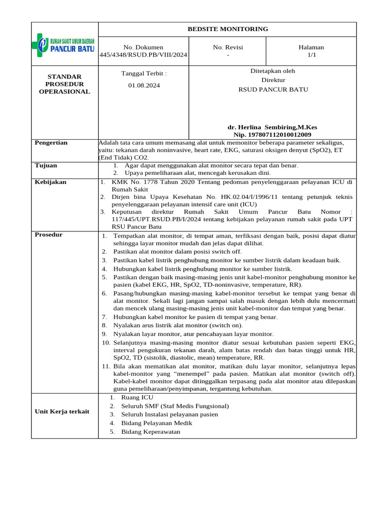 Prosedur Pemasangan Alat Monitor ICU | PDF