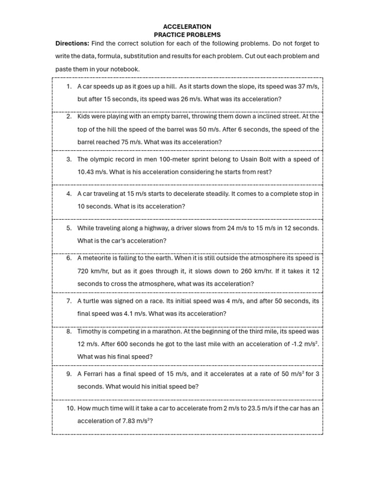 Acceleration Problems Practice | PDF