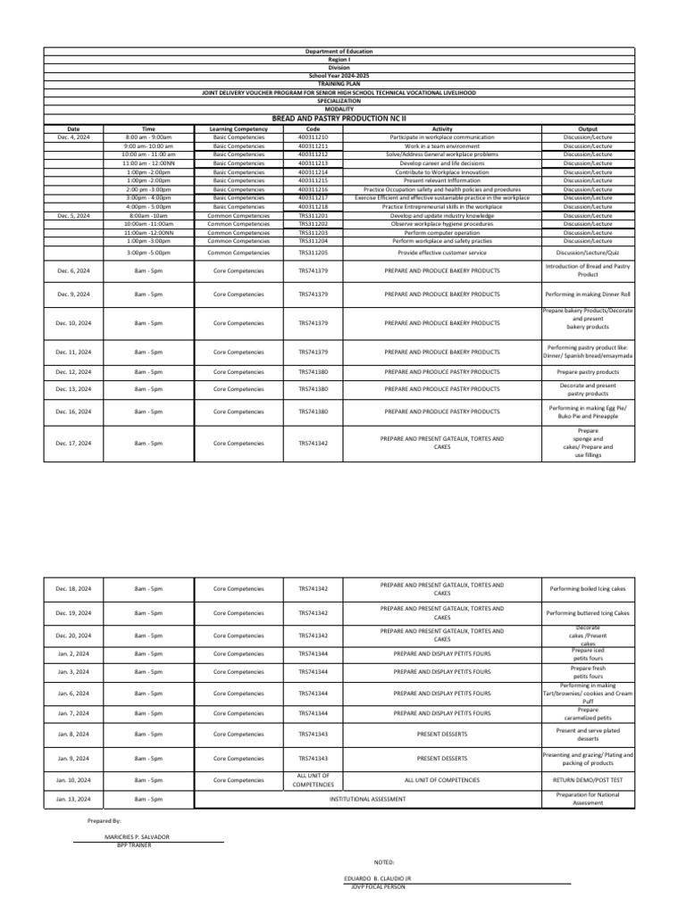 Bpp Training Plan New | PDF | Cakes | Cuisine