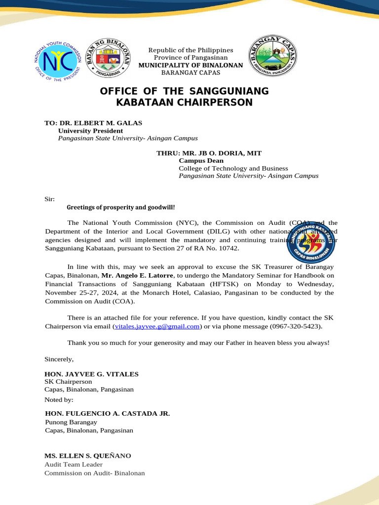 Travel Orders for SK Seminar in Pangasinan | PDF | Philippines | Youth