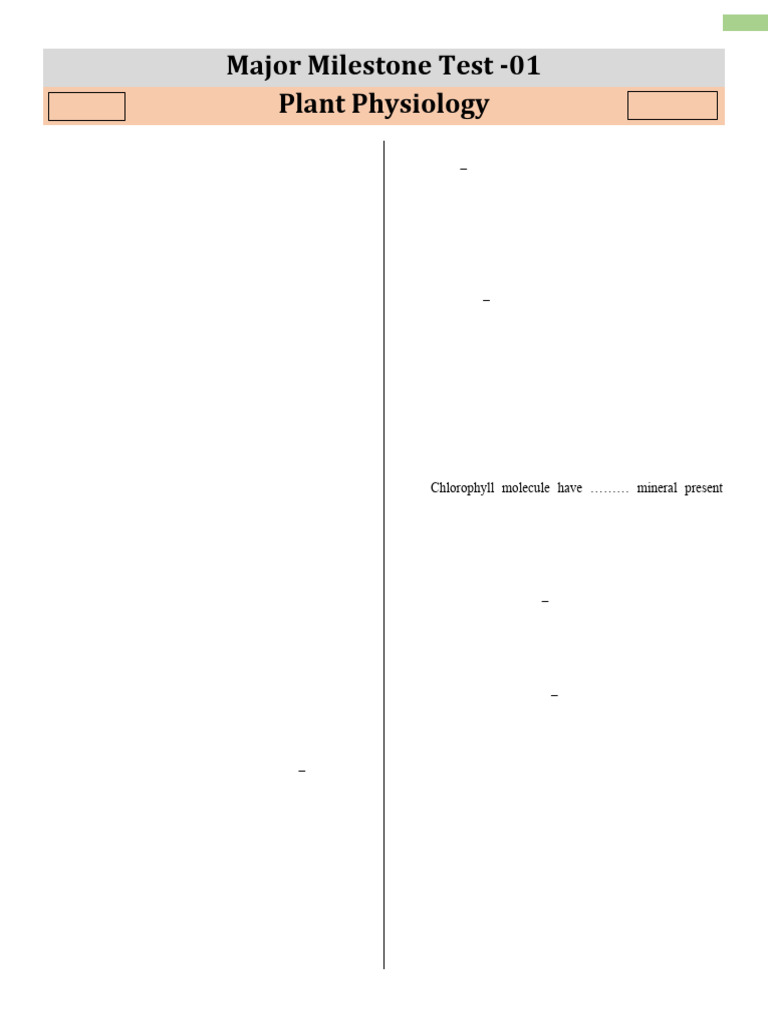 Major_Milestone_Test_01_Plant_Physiology_Class_11th_Questions | PDF ...