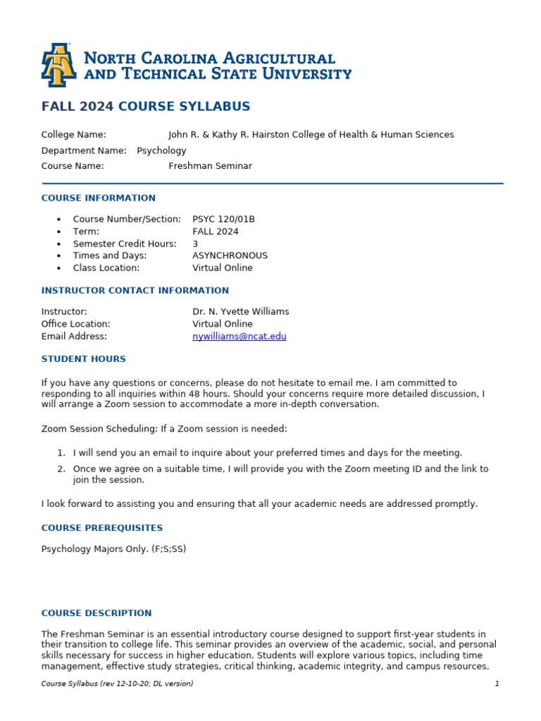 Course Syllabus - Psyc 120 - Fall - 2024 | PDF | Academic Dishonesty | Educational Technology