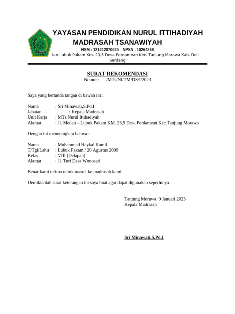 Surat Rekomendasi Siswa Masuk | PDF