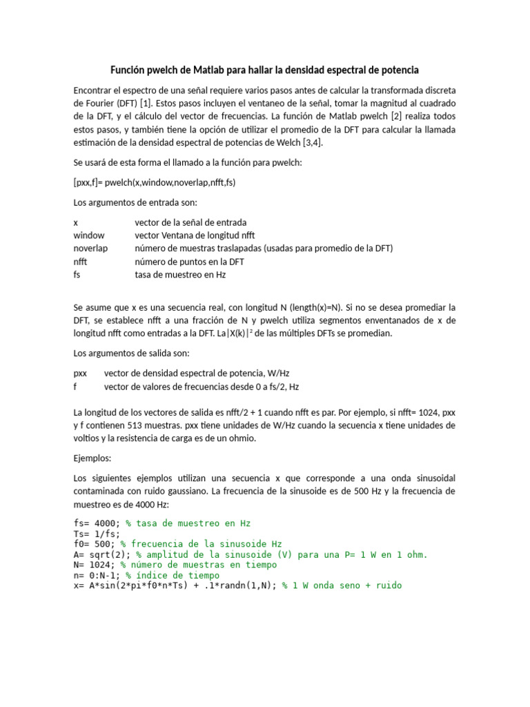 Función Pwelch de Matlab para Hallar La Densidad Espectral de Potencia ...