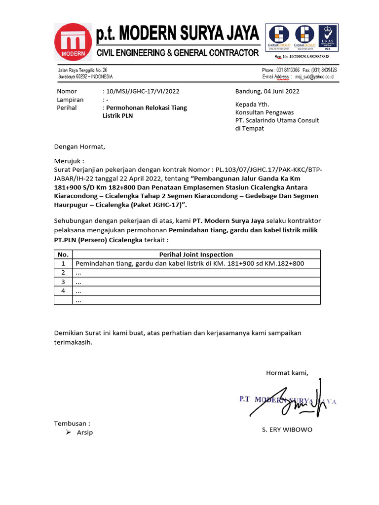 Surat Pemindahan Tiang PLN | PDF
