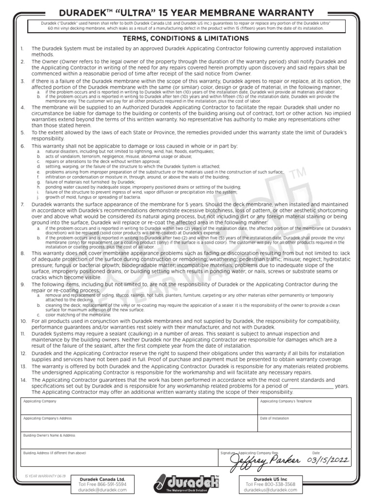 Duradek-15Year-Warranty - Toll Brothers Building 11 | PDF | Paint